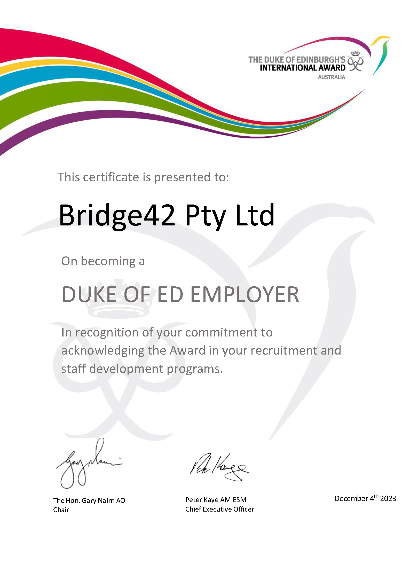 Bridge42 recognised as a Duke of Ed Employer - Bridge42